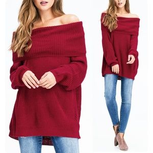 FT Style | Sweaters | Bordeaux Red Off Shouldercowl Neck Cozy Sweater ...